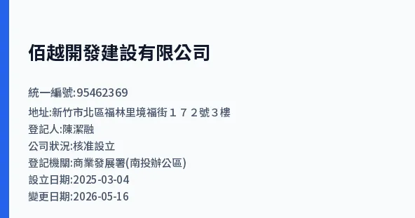 佰越開發建設有限公司的照片-統編 95462369(新竹市) 公司登記資料與營業項目詳細圖表