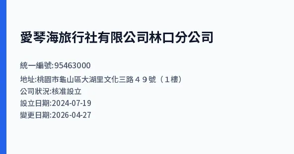 愛琴海旅行社有限公司林口分公司的照片-統編 95463000(桃園市) 公司登記資料與營業項目詳細圖表