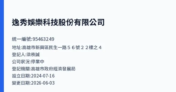 逸秀娛樂科技股份有限公司的照片-統編 95463249(高雄市) 公司登記資料與營業項目詳細圖表