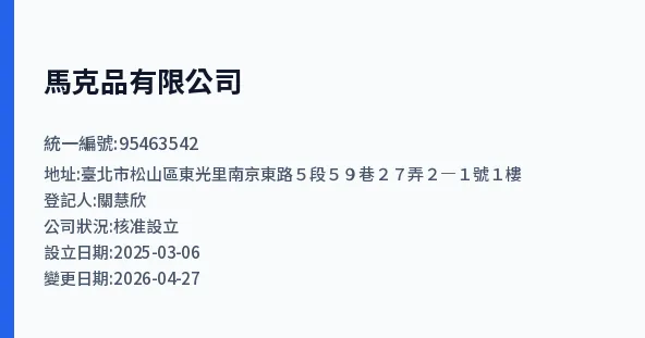 馬克品有限公司的照片-統編 95463542(臺北市) 公司登記資料與營業項目詳細圖表