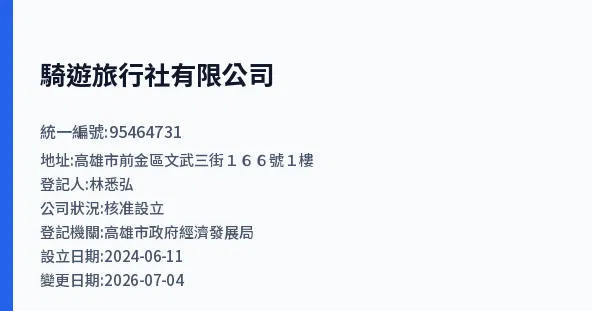 騎遊旅行社有限公司的照片-統編 95464731(高雄市) 公司登記資料與營業項目詳細圖表