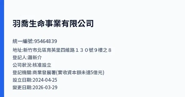 羽喬生命事業有限公司的照片-統編 95464839(新竹市) 公司登記資料與營業項目詳細圖表