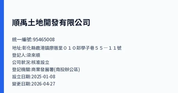 順禹土地開發有限公司的照片-統編 95465008(彰化縣) 公司登記資料與營業項目詳細圖表