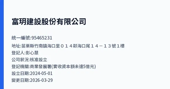 富玥建設股份有限公司的照片-統編 95465231(苗栗縣) 公司登記資料與營業項目詳細圖表