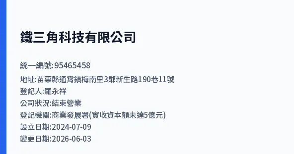 鐵三角科技有限公司的照片-統編 95465458(苗栗縣) 公司登記資料與營業項目詳細圖表