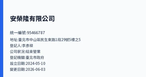 安榮隆有限公司的照片-統編 95466787(臺北市) 公司登記資料與營業項目詳細圖表