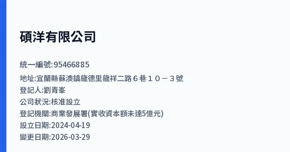碩洋有限公司的照片-統編 95466885(宜蘭縣) 公司登記資料與營業項目詳細圖表