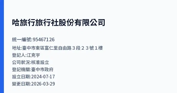 哈旅行旅行社股份有限公司的照片-統編 95467126(臺中市) 公司登記資料與營業項目詳細圖表