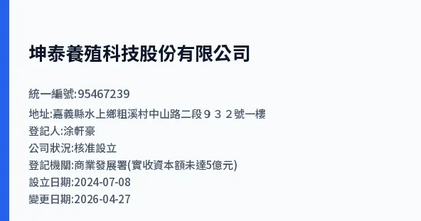 坤泰養殖科技股份有限公司的照片-統編 95467239(嘉義縣) 公司登記資料與營業項目詳細圖表