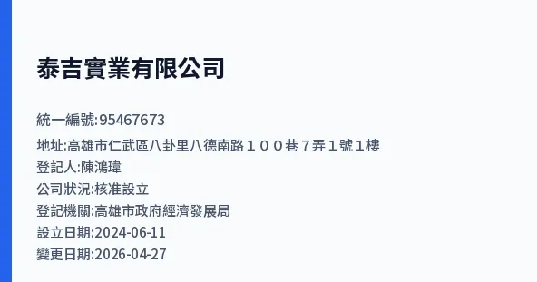 泰吉實業有限公司的照片-統編 95467673(高雄市) 公司登記資料與營業項目詳細圖表