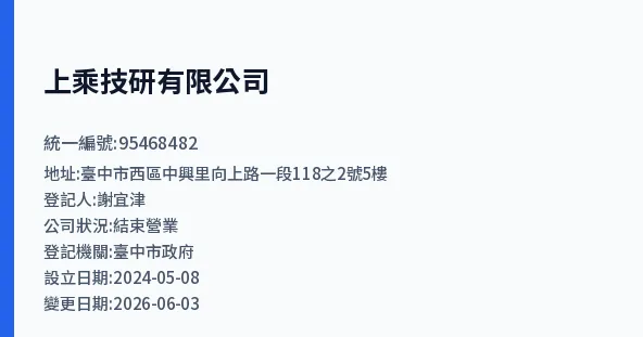 上乘技研有限公司的照片-統編 95468482(臺中市) 公司登記資料與營業項目詳細圖表
