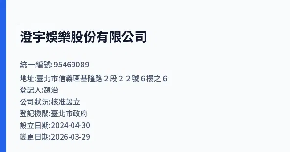 澄宇娛樂股份有限公司的照片-統編 95469089(臺北市) 公司登記資料與營業項目詳細圖表