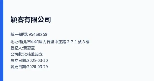 穎睿有限公司的照片-統編 95469258(新北市) 公司登記資料與營業項目詳細圖表