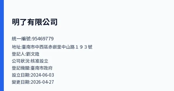 明了有限公司的照片-統編 95469779(臺南市) 公司登記資料與營業項目詳細圖表