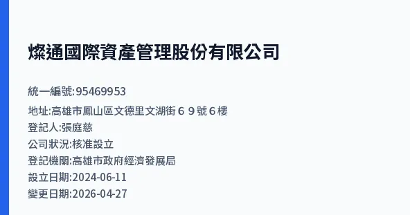 燦通國際資產管理股份有限公司的照片-統編 95469953(高雄市) 公司登記資料與營業項目詳細圖表