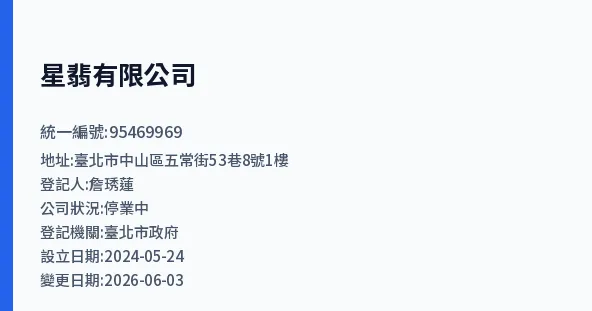 星翡有限公司的照片-統編 95469969(臺北市) 公司登記資料與營業項目詳細圖表