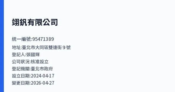 翊釩有限公司的照片-統編 95471389(臺北市) 公司登記資料與營業項目詳細圖表