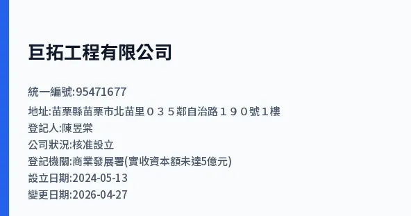 巨拓工程有限公司的照片-統編 95471677(苗栗縣) 公司登記資料與營業項目詳細圖表