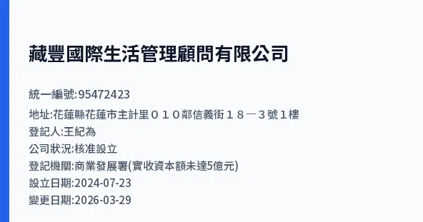 藏豐國際生活管理顧問有限公司的照片-統編 95472423(花蓮縣) 公司登記資料與營業項目詳細圖表