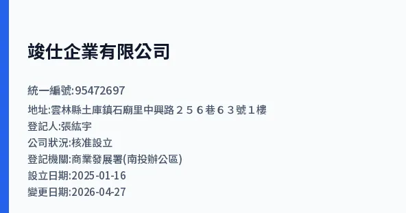 竣仕企業有限公司的照片-統編 95472697(雲林縣) 公司登記資料與營業項目詳細圖表