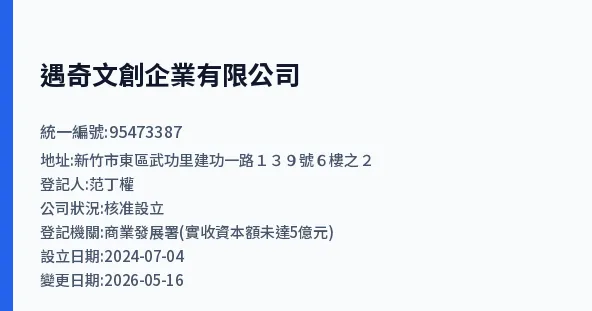 遇奇文創企業有限公司的照片-統編 95473387(新竹市) 公司登記資料與營業項目詳細圖表