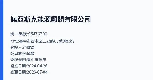 諾亞斯克能源顧問有限公司的照片-統編 95476700(臺中市) 公司登記資料與營業項目詳細圖表