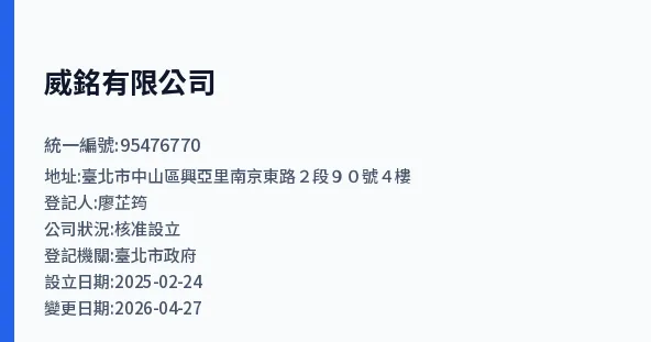威銘有限公司的照片-統編 95476770(臺北市) 公司登記資料與營業項目詳細圖表