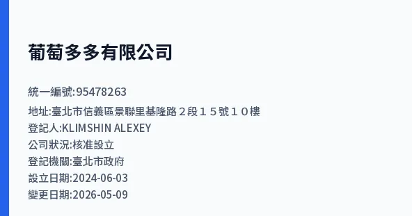 葡萄多多有限公司的照片-統編 95478263(臺北市) 公司登記資料與營業項目詳細圖表