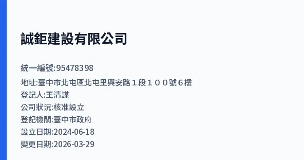 誠鉅建設有限公司的照片-統編 95478398(臺中市) 公司登記資料與營業項目詳細圖表