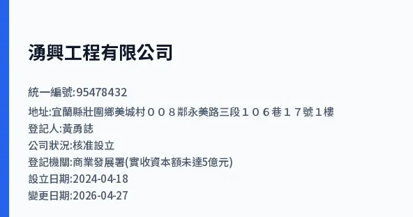 湧興工程有限公司的照片-統編 95478432(宜蘭縣) 公司登記資料與營業項目詳細圖表