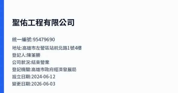 聖佑工程有限公司的照片-統編 95479690(高雄市) 公司登記資料與營業項目詳細圖表