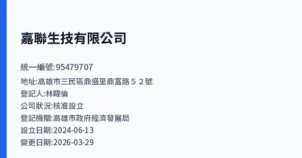 嘉聯生技有限公司的照片-統編 95479707(高雄市) 公司登記資料與營業項目詳細圖表