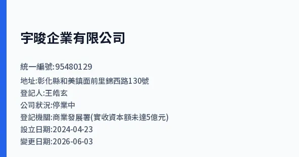 宇晙企業有限公司的照片-統編 95480129(彰化縣) 公司登記資料與營業項目詳細圖表