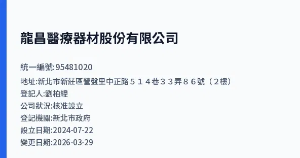 龍昌醫療器材股份有限公司的照片-統編 95481020(新北市) 公司登記資料與營業項目詳細圖表