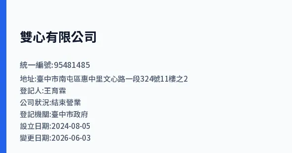 雙心有限公司的照片-統編 95481485(臺中市) 公司登記資料與營業項目詳細圖表