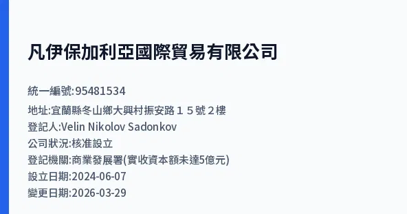 凡伊保加利亞國際貿易有限公司的照片-統編 95481534(宜蘭縣) 公司登記資料與營業項目詳細圖表