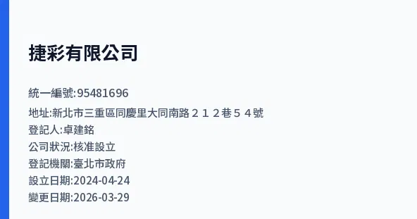 捷彩有限公司的照片-統編 95481696(新北市) 公司登記資料與營業項目詳細圖表