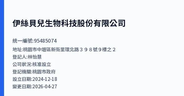 伊絲貝兒生物科技股份有限公司的照片-統編 95485074(桃園市) 公司登記資料與營業項目詳細圖表