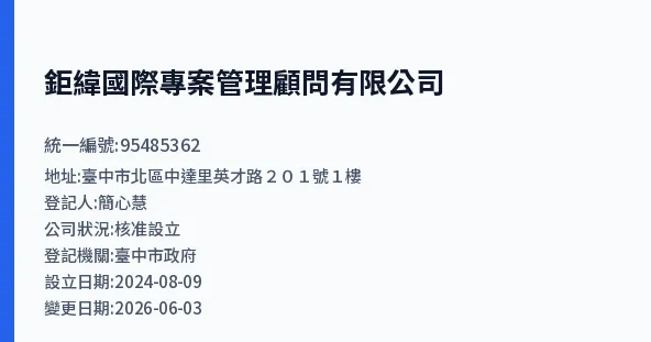鉅緯國際專案管理顧問有限公司的照片-統編 95485362(臺中市) 公司登記資料與營業項目詳細圖表