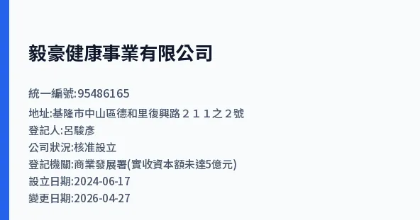 毅豪健康事業有限公司的照片-統編 95486165(基隆市) 公司登記資料與營業項目詳細圖表