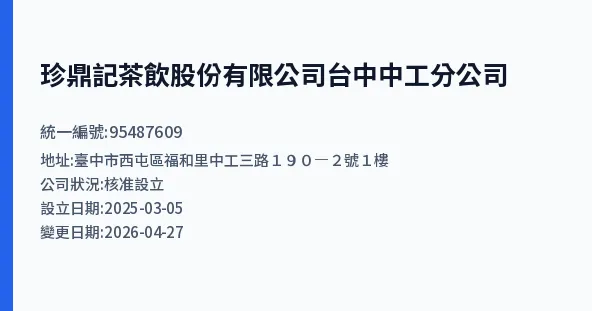 珍鼎記茶飲股份有限公司台中中工分公司的照片-統編 95487609(臺中市) 公司登記資料與營業項目詳細圖表