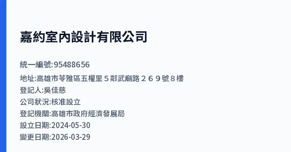 嘉約室內設計有限公司的照片-統編 95488656(高雄市) 公司登記資料與營業項目詳細圖表