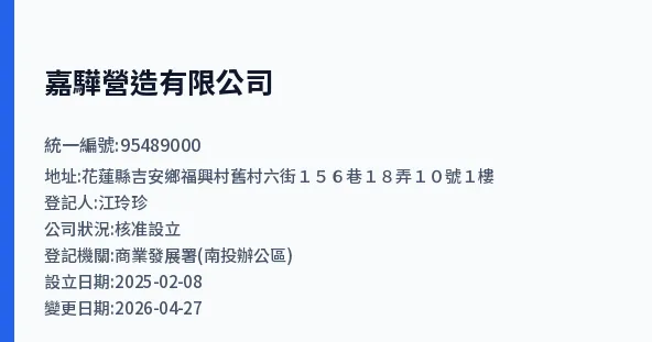 嘉驊營造有限公司的照片-統編 95489000(花蓮縣) 公司登記資料與營業項目詳細圖表