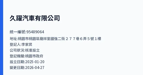 久躍汽車有限公司的照片-統編 95489064(桃園市) 公司登記資料與營業項目詳細圖表