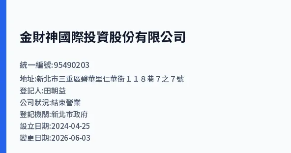 金財神國際投資股份有限公司的照片-統編 95490203(新北市) 公司登記資料與營業項目詳細圖表