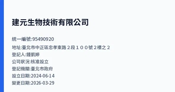 建元生物技術有限公司的照片-統編 95490920(臺北市) 公司登記資料與營業項目詳細圖表