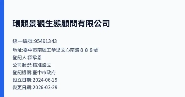 環靚景觀生態顧問有限公司的照片-統編 95491343(臺中市) 公司登記資料與營業項目詳細圖表