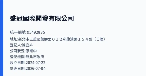 盛冠國際開發有限公司的照片-統編 95492835(新北市) 公司登記資料與營業項目詳細圖表