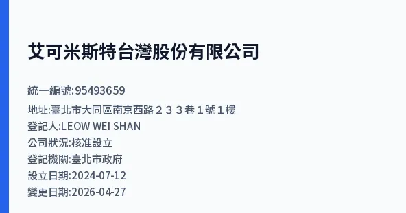 艾可米斯特台灣股份有限公司的照片-統編 95493659(臺北市) 公司登記資料與營業項目詳細圖表