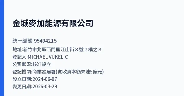 金城麥加能源有限公司的照片-統編 95494215(新竹市) 公司登記資料與營業項目詳細圖表